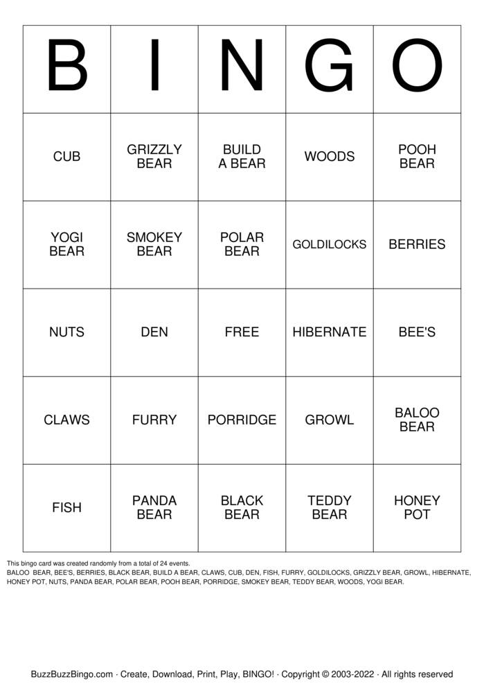 EMILY'S TEDDY BEAR BINGO Bingo Cards to Download, Print and Customize!