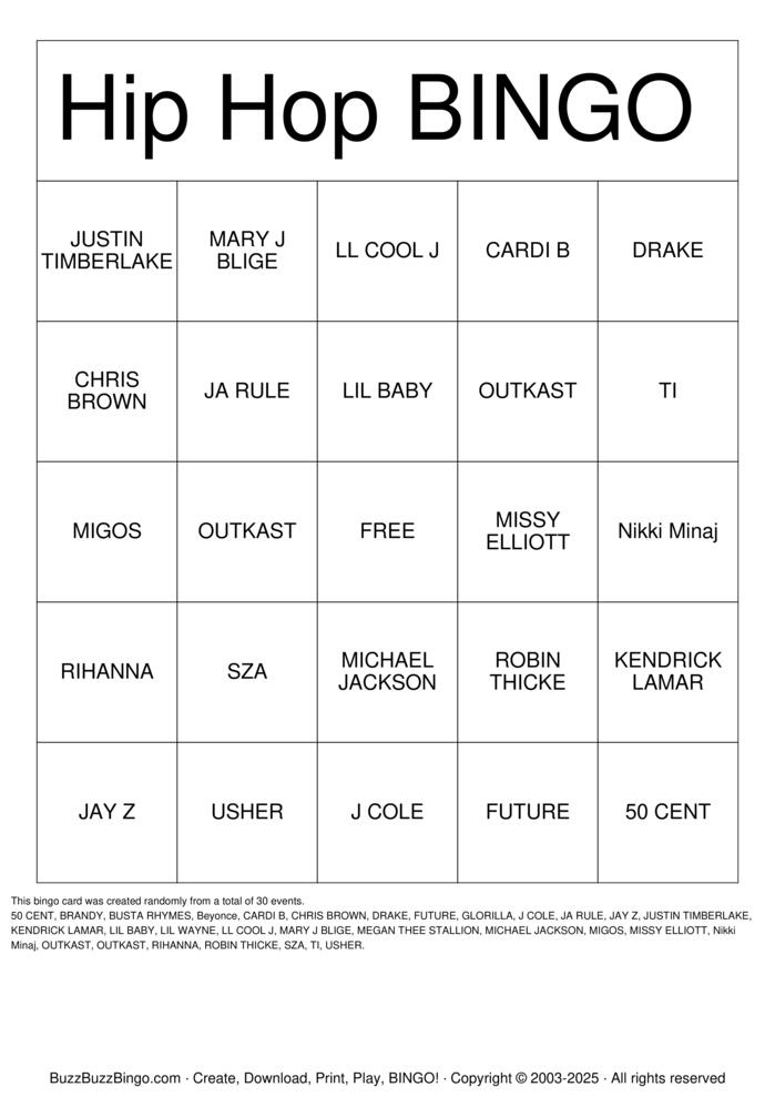 Hip hop Bingo Cards to Download, Print and Customize!
