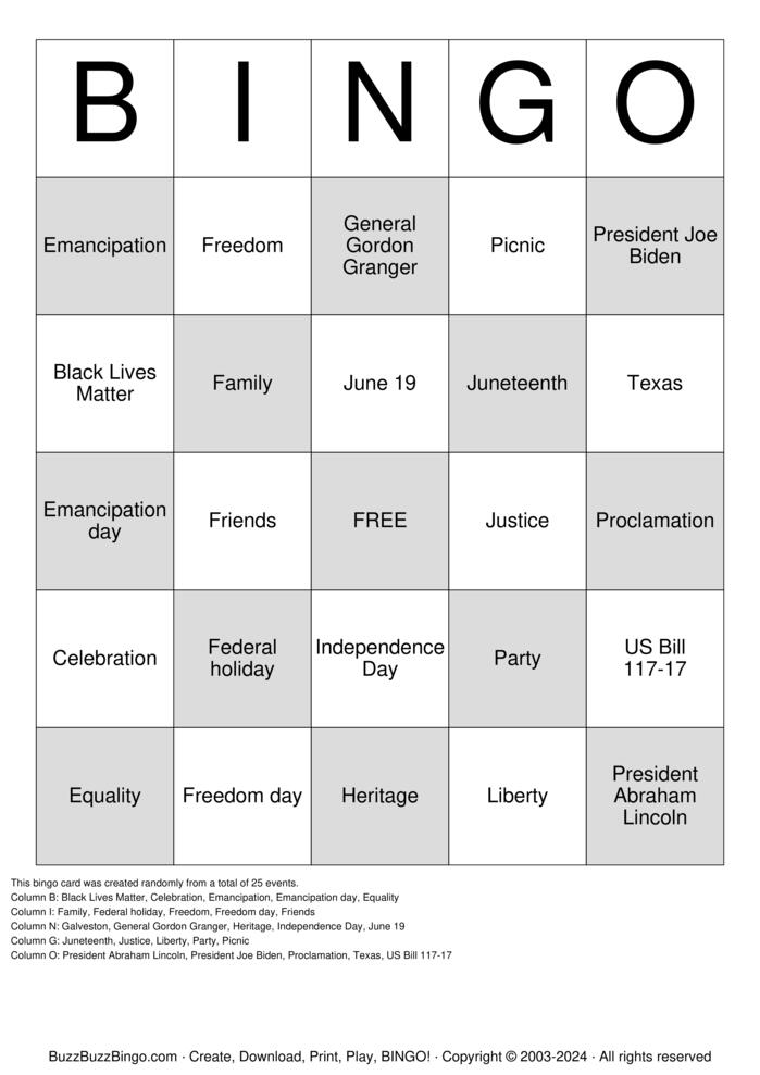 Juneteenth Bingo Cards to Download, Print and Customize!