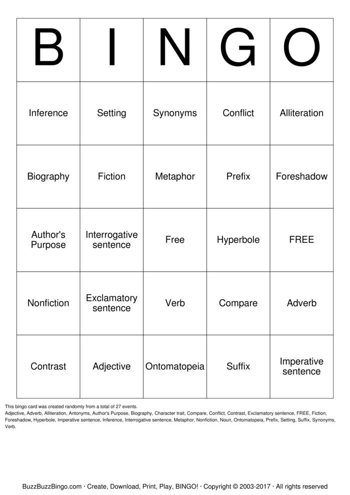 Language Arts Bingo Cards to Download, Print and Customize!