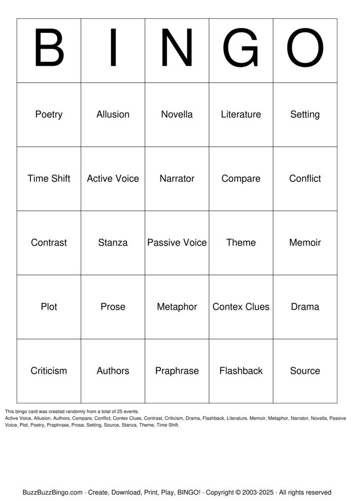 Literary Elements Bingo Cards to Download, Print and Customize!