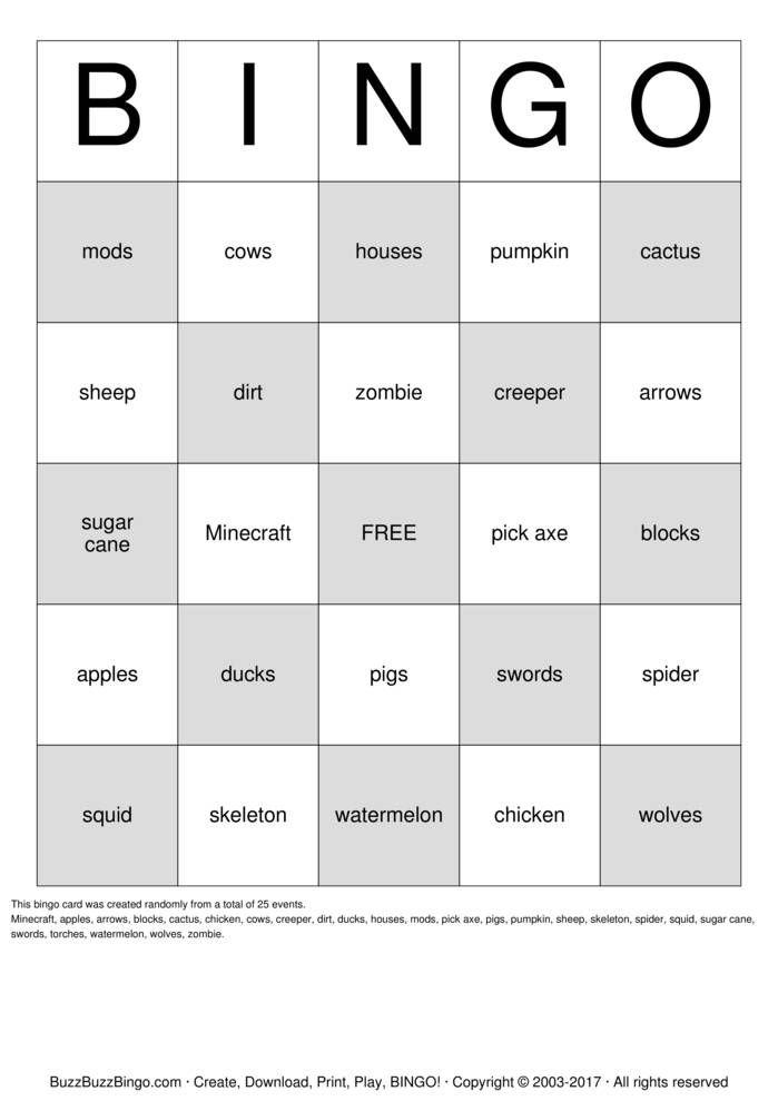 MineCraft Bingo Cards to Download, Print and Customize!