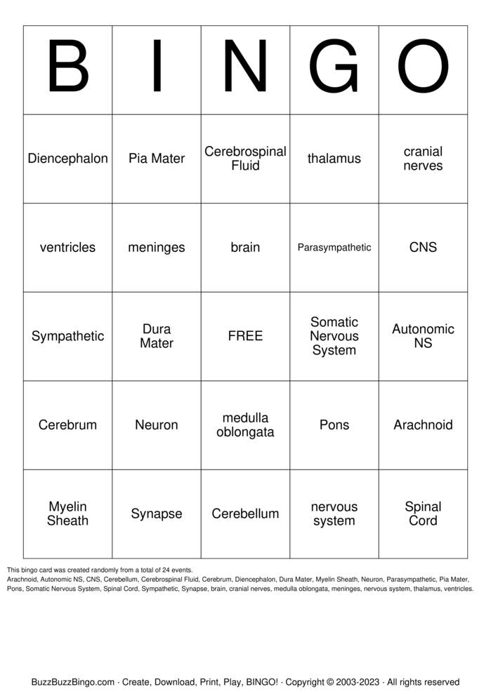Nervous System Bingo Cards to Download, Print and Customize!