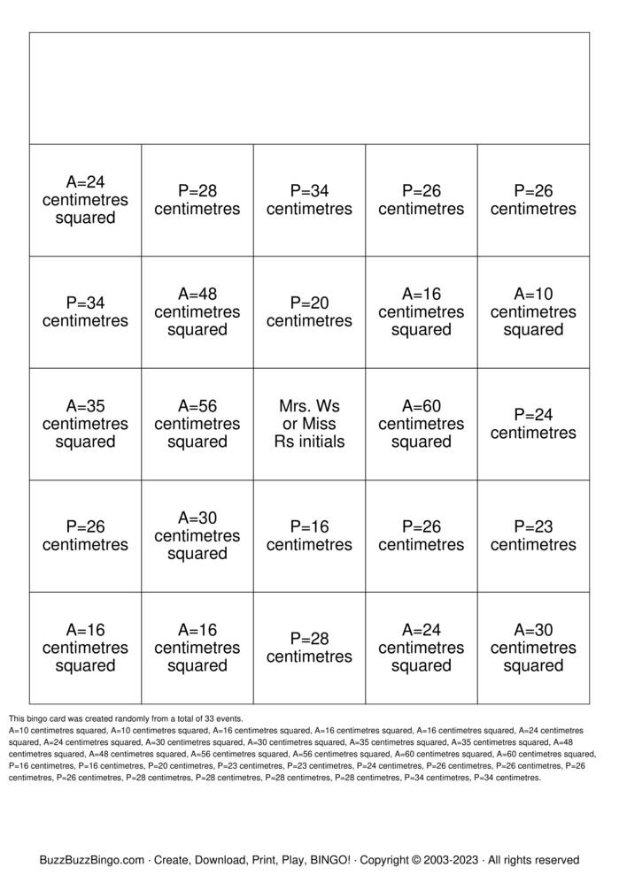 Perimeter and Area Bingo Cards to Download, Print and Customize!