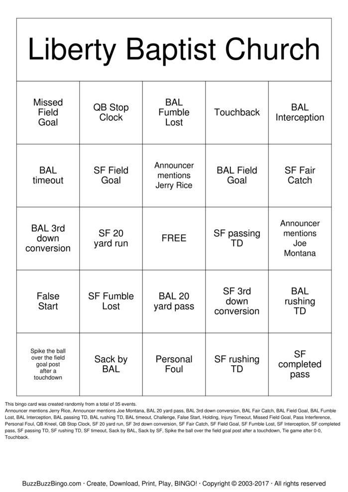 2013 Superbowl BAL vs SF Bingo Cards to Download, Print and Customize!