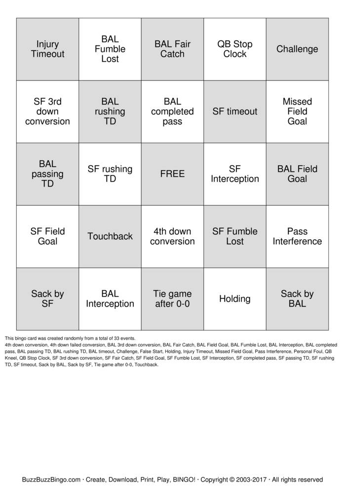 2013 Superbowl BAL vs SF Bingo Cards to Download, Print and Customize!