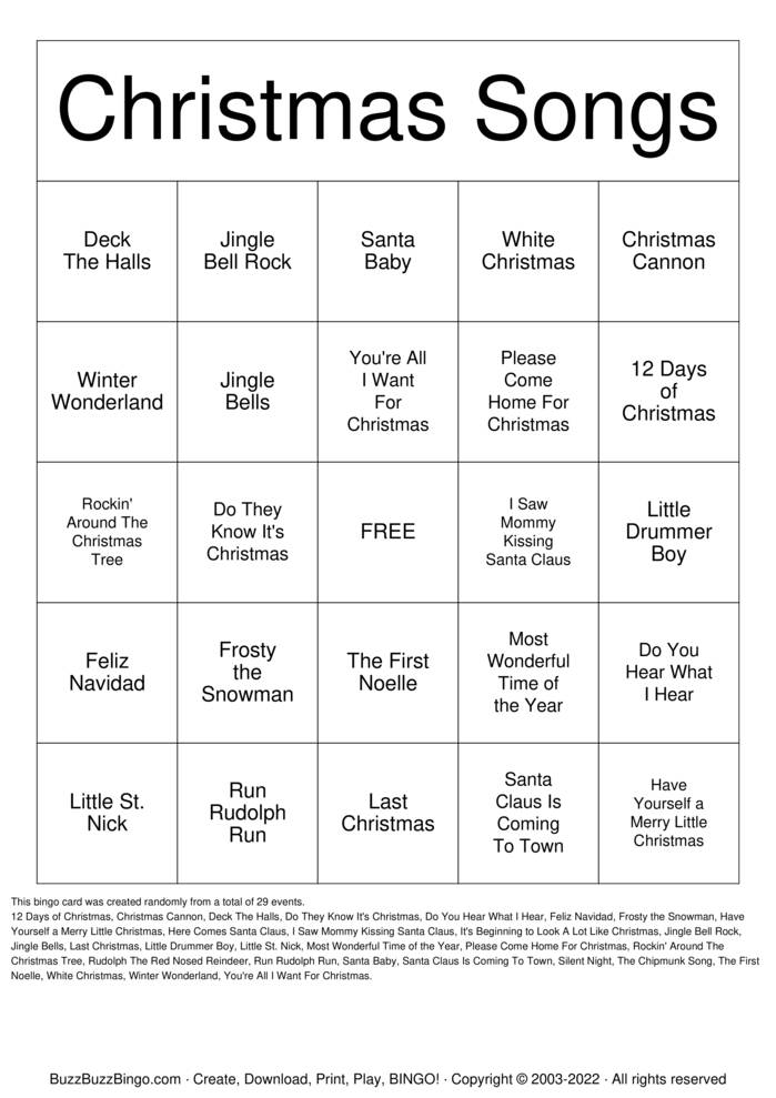 Christmas Songs Bingo Cards to Download, Print and Customize!