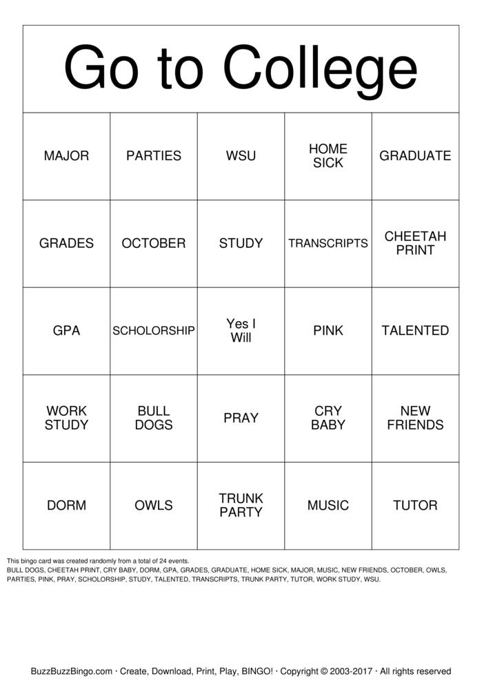 College Bingo Cards to Download, Print and Customize!