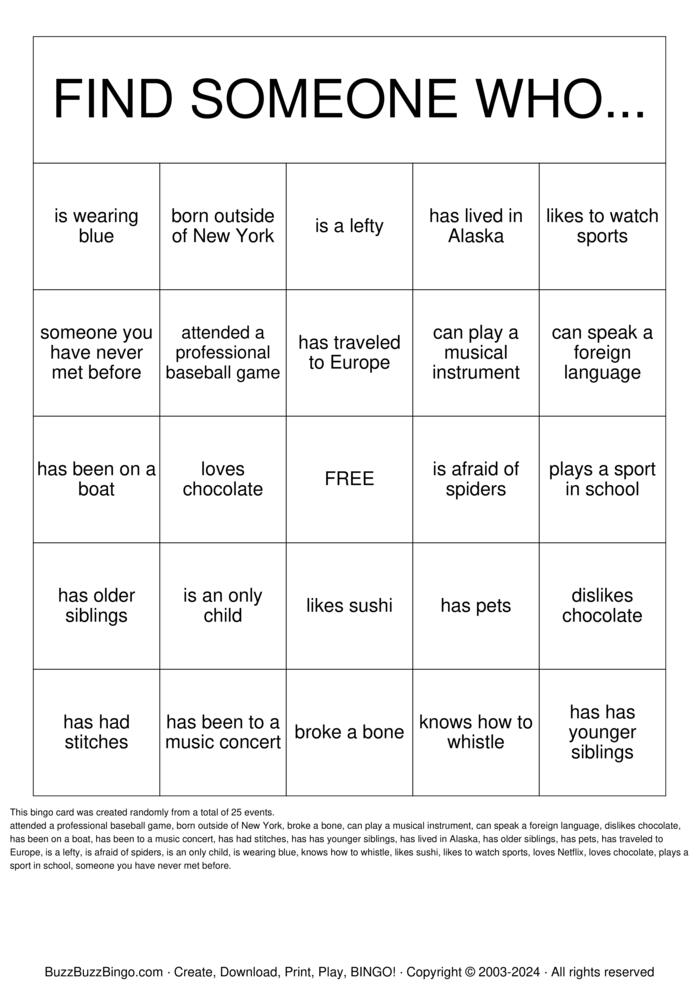 Find Someone Who.. Bingo Cards to Download, Print and Customize!