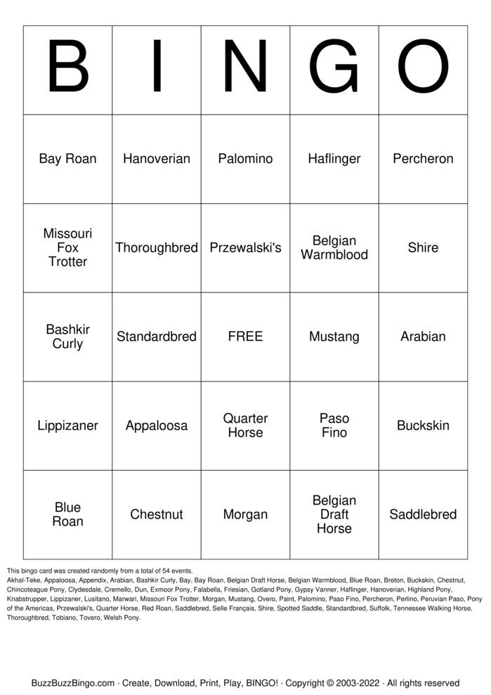 HORSE Bingo Cards to Download, Print and Customize!