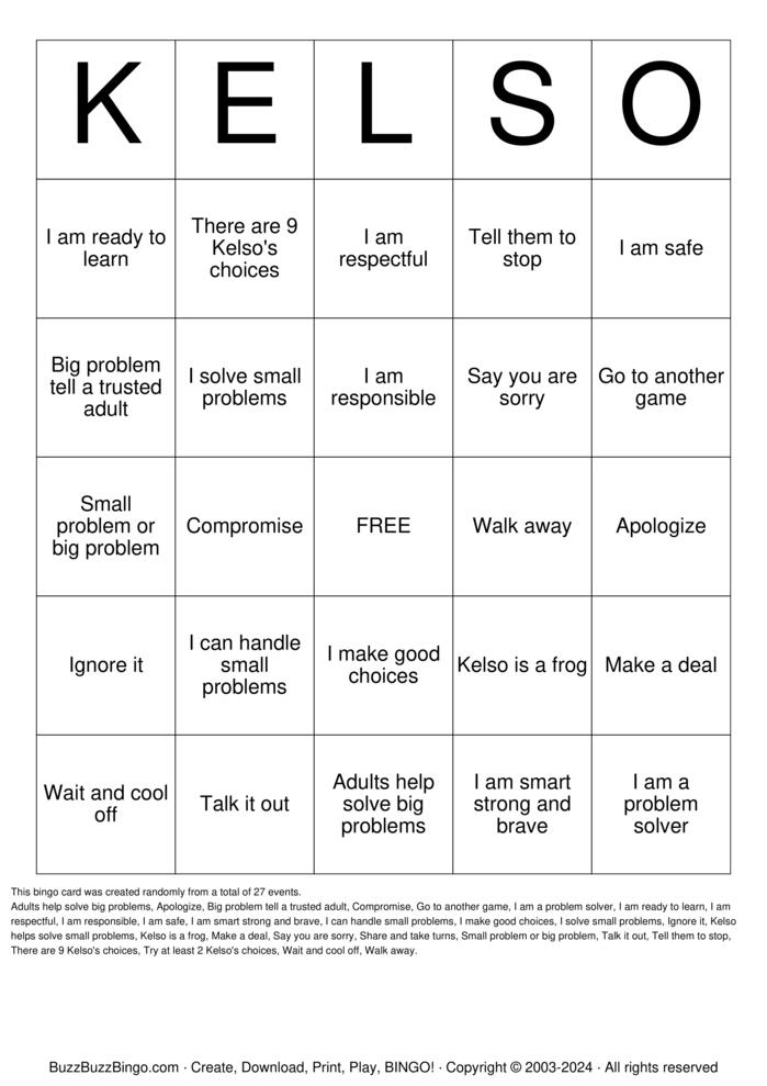 KELSO Bingo Cards to Download, Print and Customize!