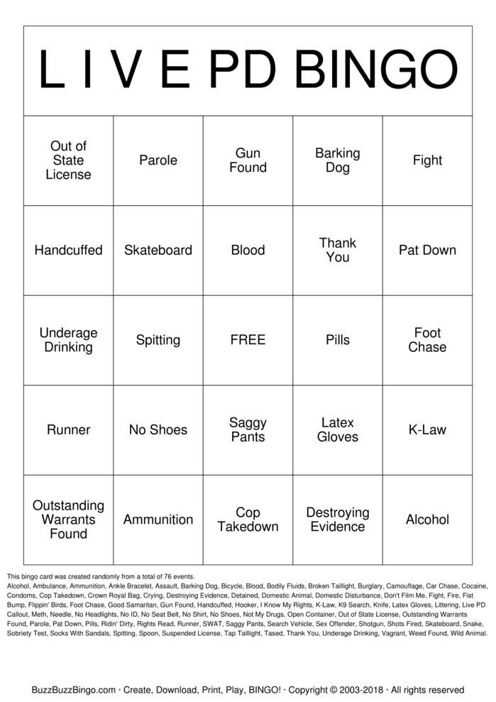 LIVE PD Bingo Cards to Download, Print and Customize!