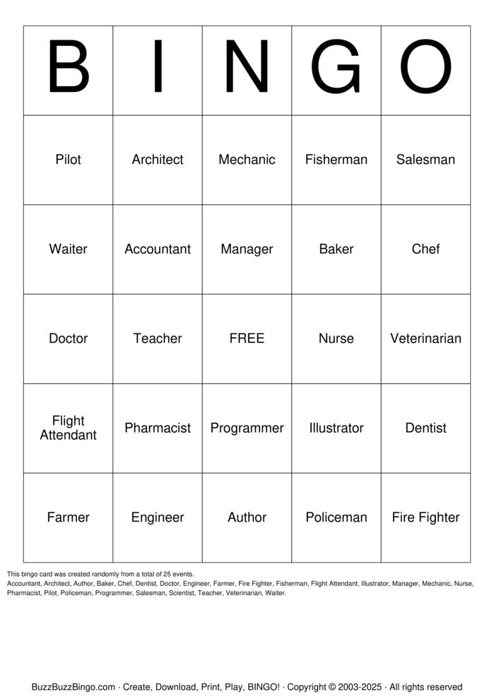 Occupations Bingo Cards to Download, Print and Customize!