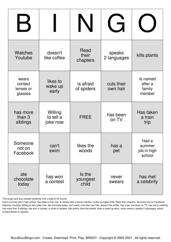 People Bingo Bingo Cards to Download, Print and Customize!