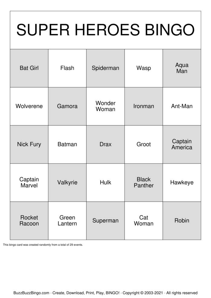 Super Heroes Bingo Cards to Download, Print and Customize!