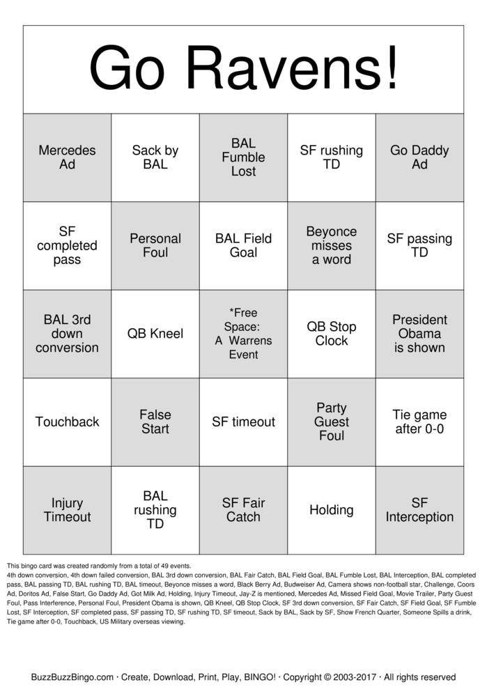 2013 Superbowl BAL vs SF Bingo Cards to Download, Print and Customize!