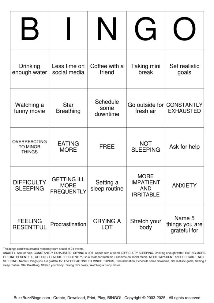 BURNOUT BUSTER Bingo Cards to Download, Print and Customize!