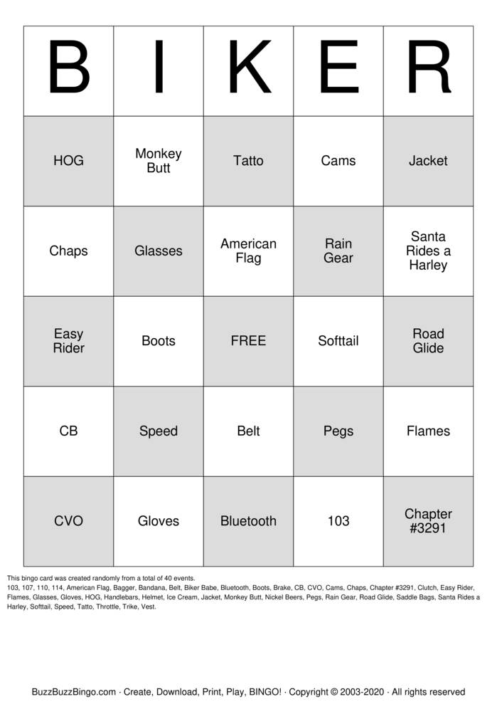 Biker Bingo Cards to Download, Print and Customize!