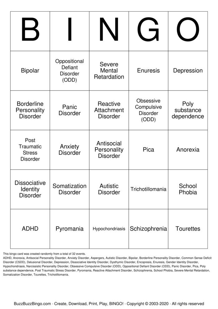 Dissociative identity disorder Bingo Cards to Download, Print and ...