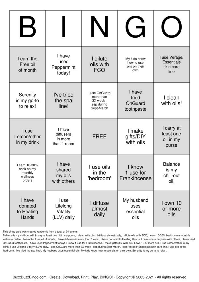 Essential Oil BINGO Bingo Cards to Download, Print and Customize!