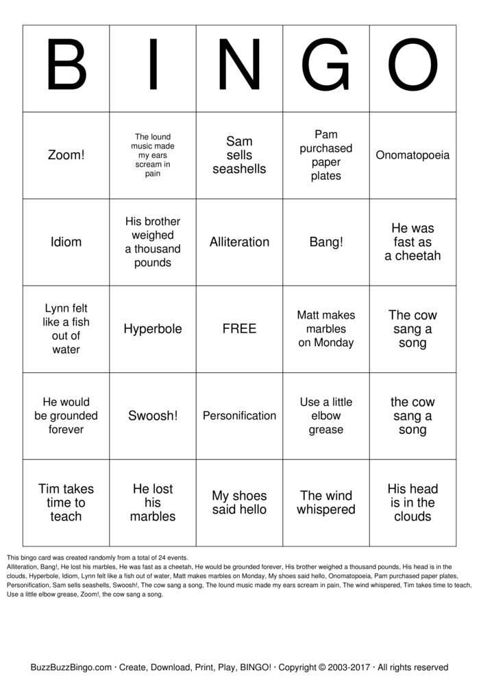 Figurative Language Bingo Cards to Download, Print and Customize!