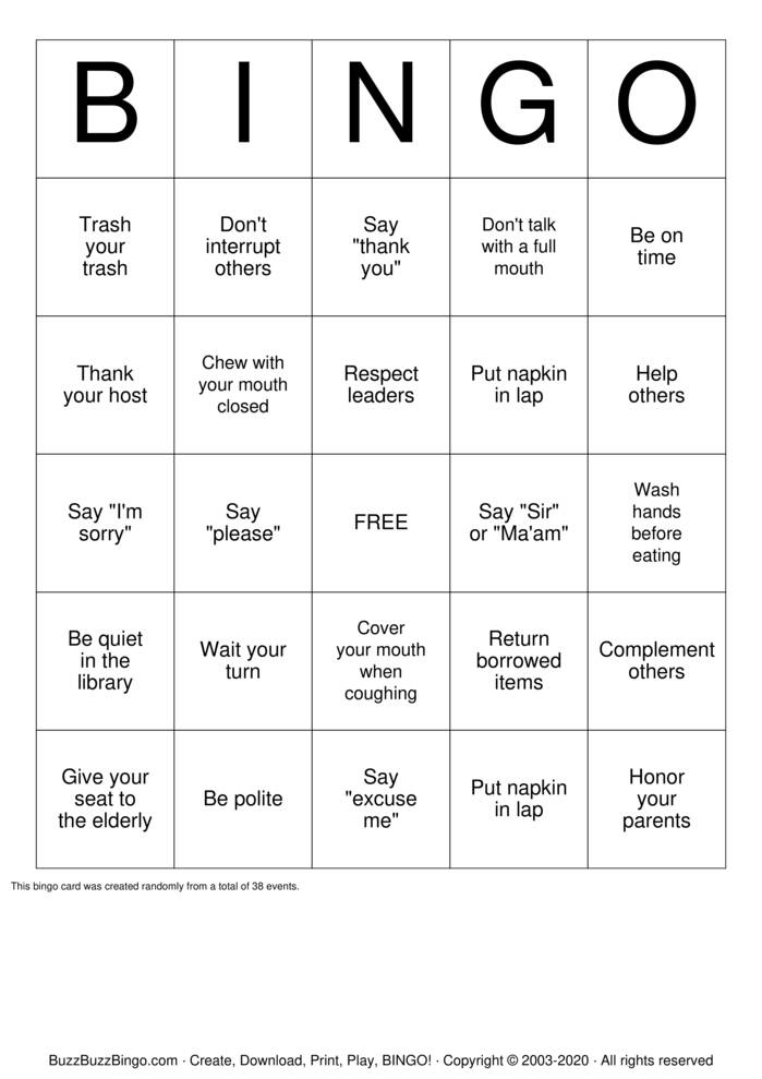 Manners B-I-N-G-O Bingo Cards to Download, Print and Customize!
