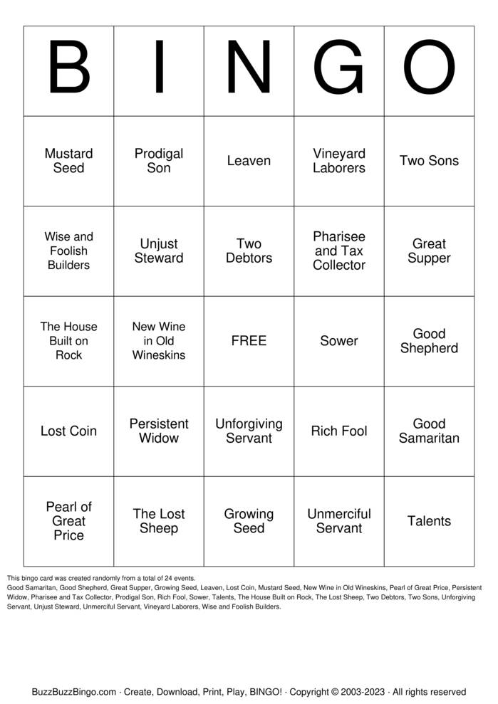 Parables Religious Bingo Cards to Download, Print and Customize!