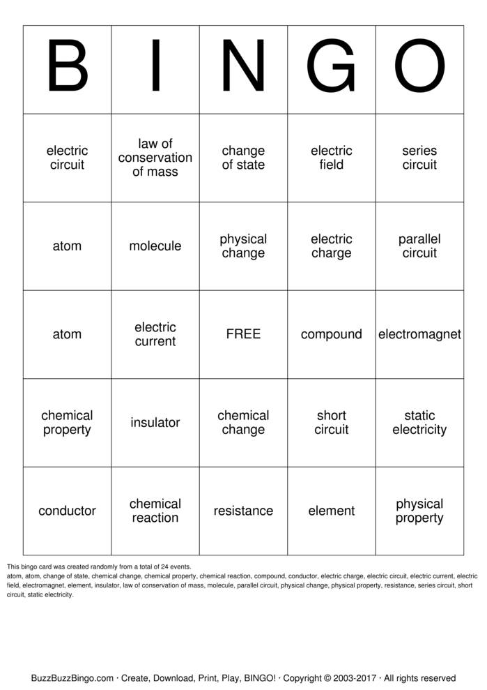 Physical Science Bingo Cards to Download, Print and Customize!