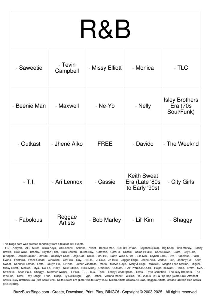 R&B Bingo Cards to Download, Print and Customize!