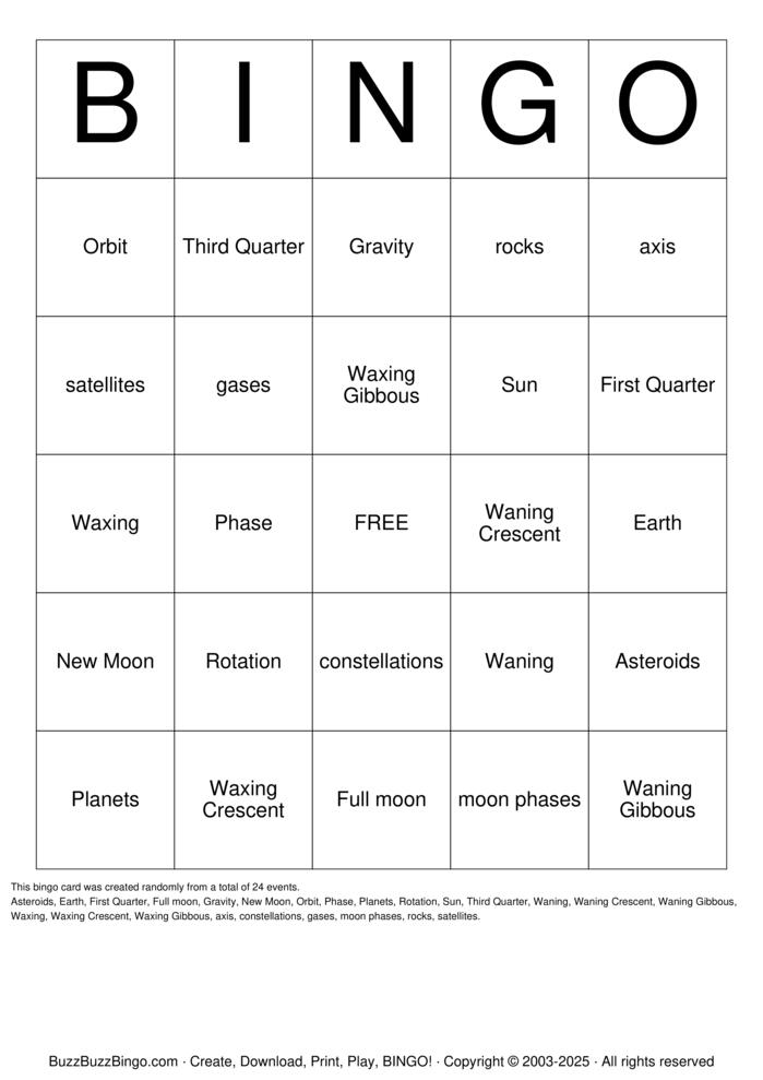 Solar System Bingo Cards to Download, Print and Customize!
