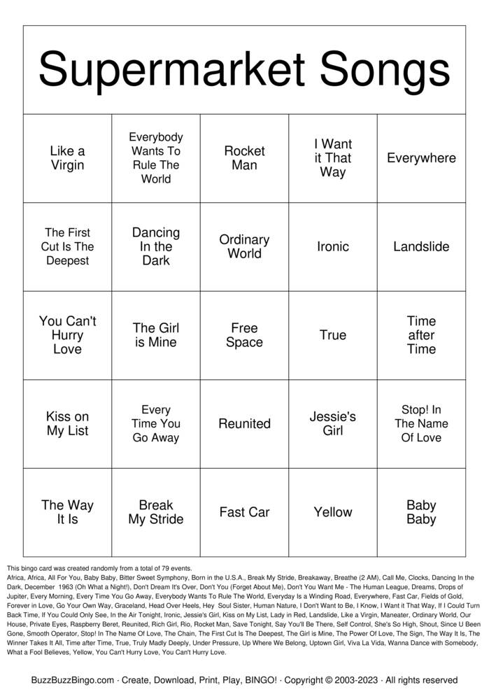 Supermarket Songs Bingo Cards to Download, Print and Customize!