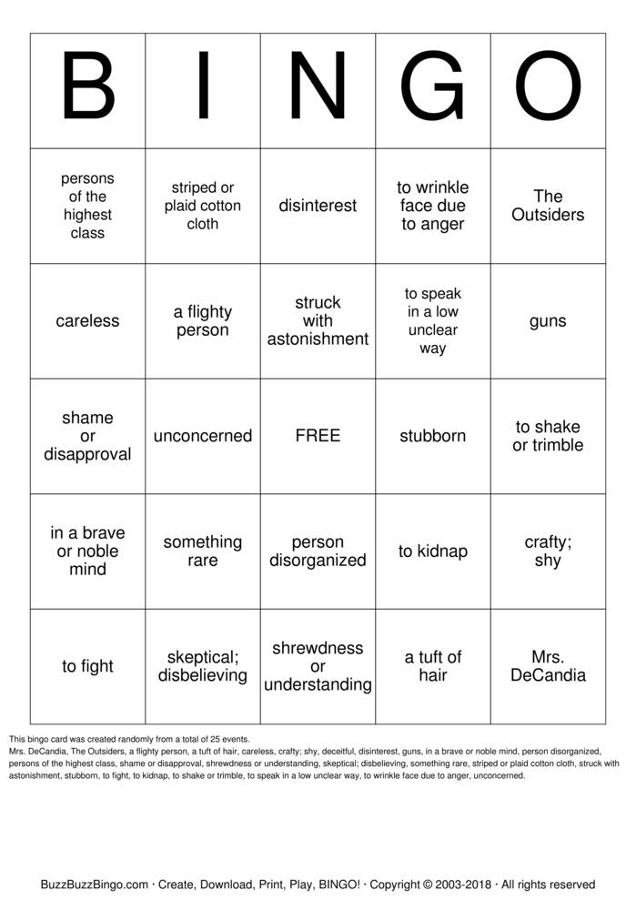 The Outsiders Bingo Cards to Download, Print and Customize!