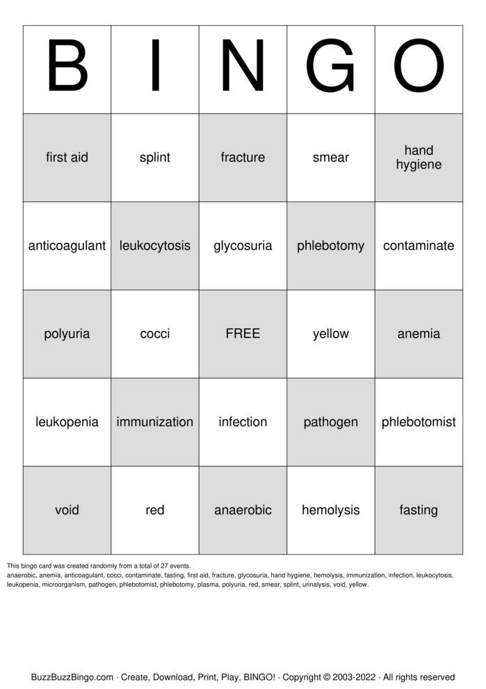 phlebotomy Bingo Cards to Download, Print and Customize!