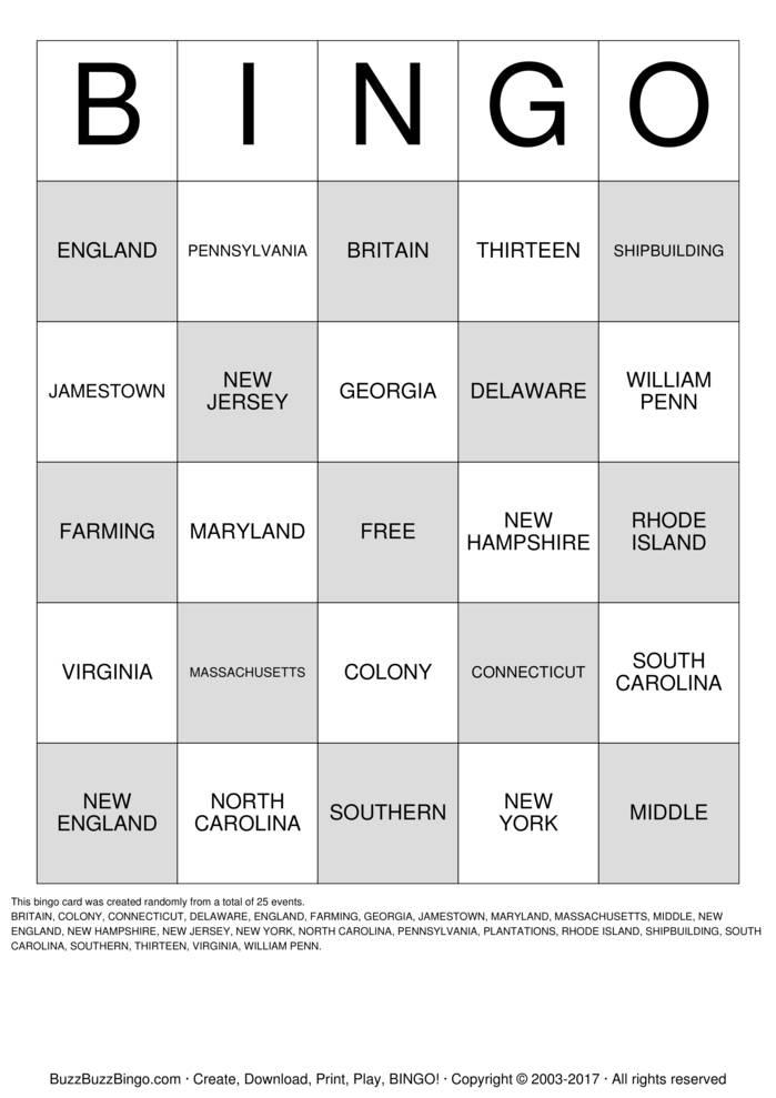 13 Colonies Bingo Cards to Download, Print and Customize!