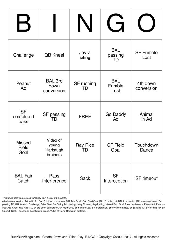 2013 Superbowl BAL vs SF Bingo Cards to Download, Print and Customize!
