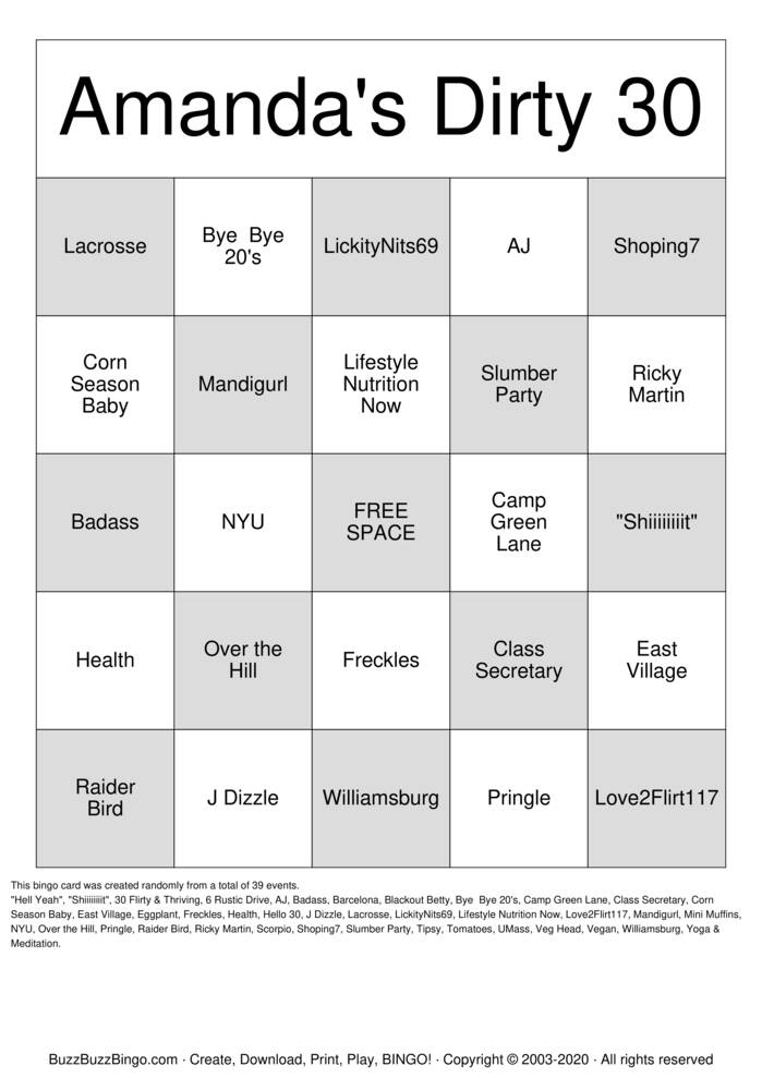 Amanda's 30th Birthday Bingo Game Bingo Cards to Download, Print and ...