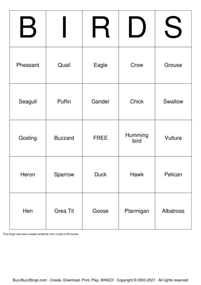 Birds Bingo Cards to Download, Print and Customize!