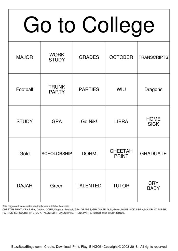 College Bingo Cards to Download, Print and Customize!