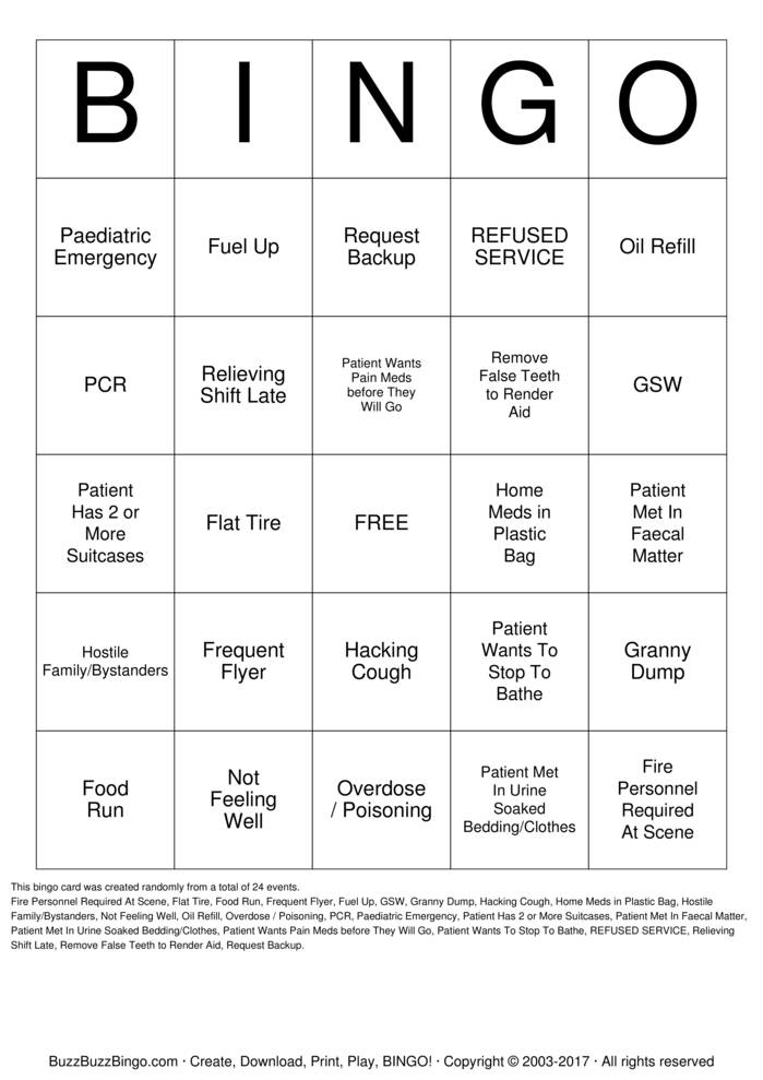 EMS Bingo Cards to Download, Print and Customize!