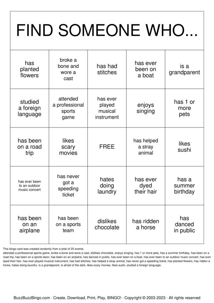 Find Someone Who... Bingo Cards to Download, Print and Customize!