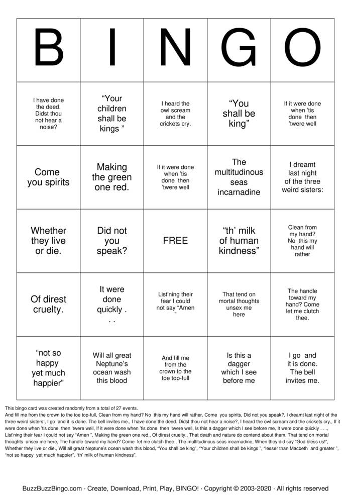 MacBeth Bingo Cards to Download, Print and Customize!