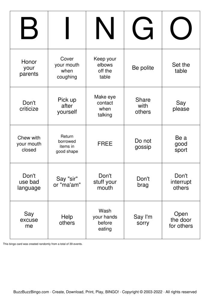 Manners B-I-N-G-O Bingo Cards to Download, Print and Customize!