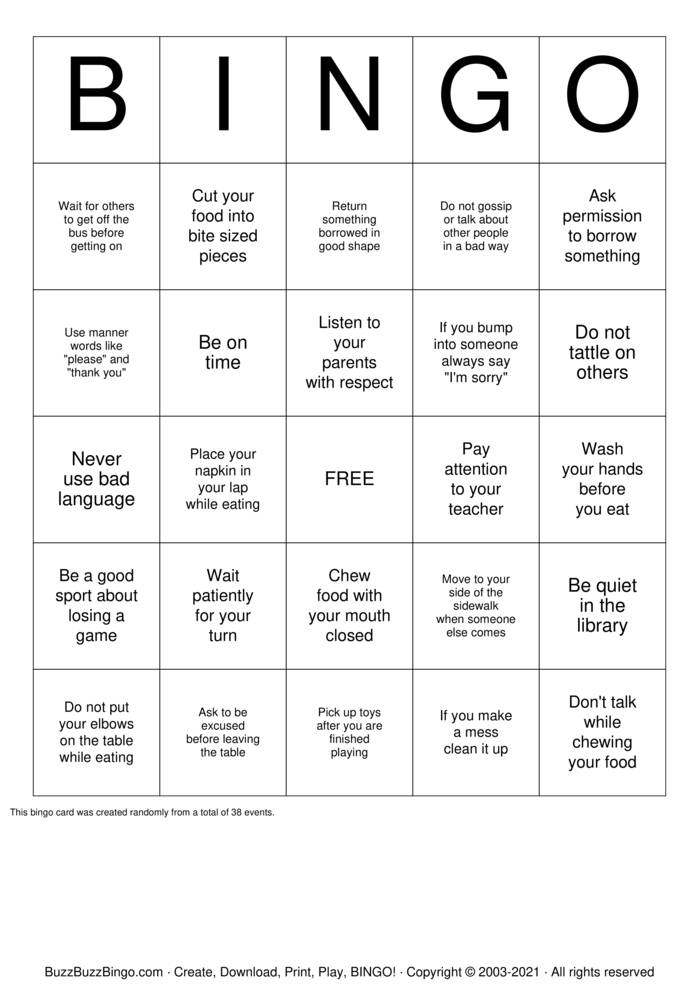 Manners B-I-N-G-O Bingo Cards to Download, Print and Customize!