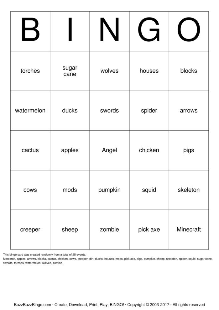 MineCraft Bingo Cards to Download, Print and Customize!