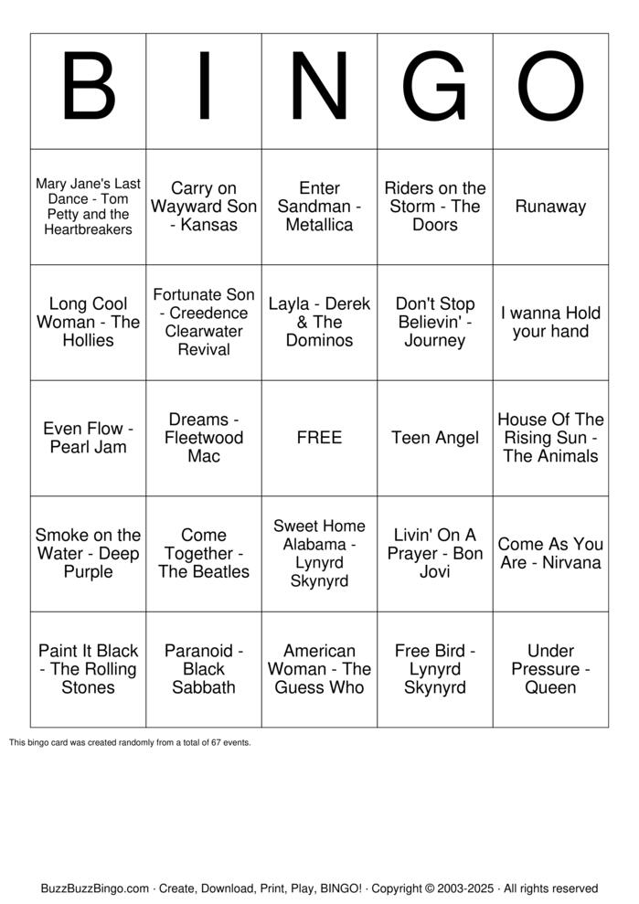 Rock Classics Music Bingo Cards to Download, Print and Customize!