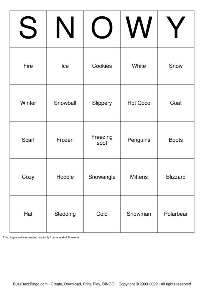SNOWY Bingo Cards to Download, Print and Customize!