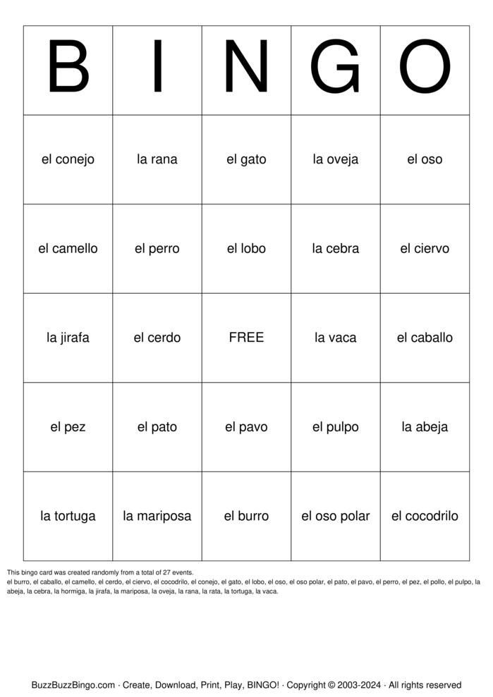Spanish Animals Bingo Cards to Download, Print and Customize!