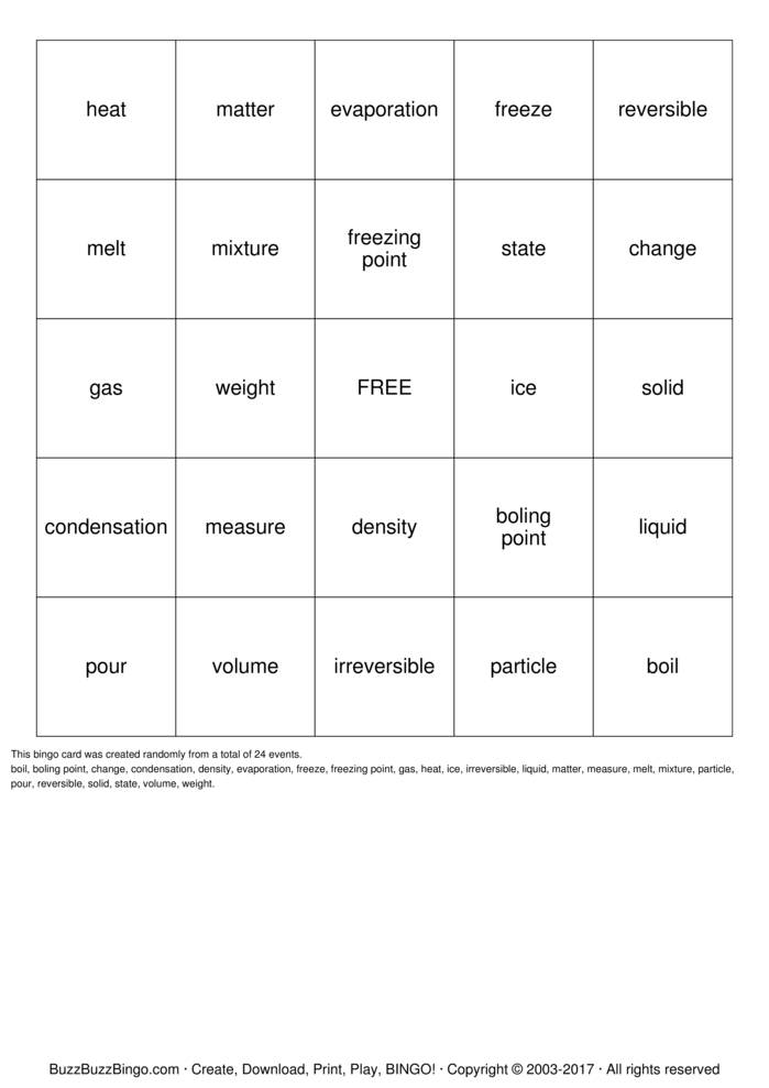 States of matter Bingo Cards to Download, Print and Customize!