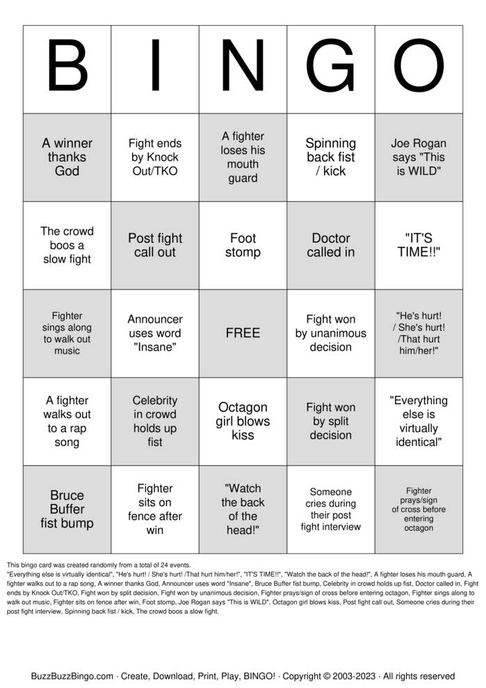 UFC 285 Bingo Bingo Cards to Download, Print and Customize!