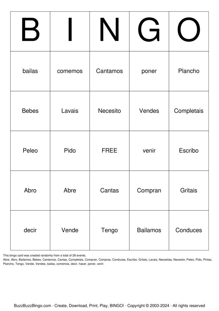 Verbos impersonales infinitivo gerundio Bingo Cards to Download, Print ...